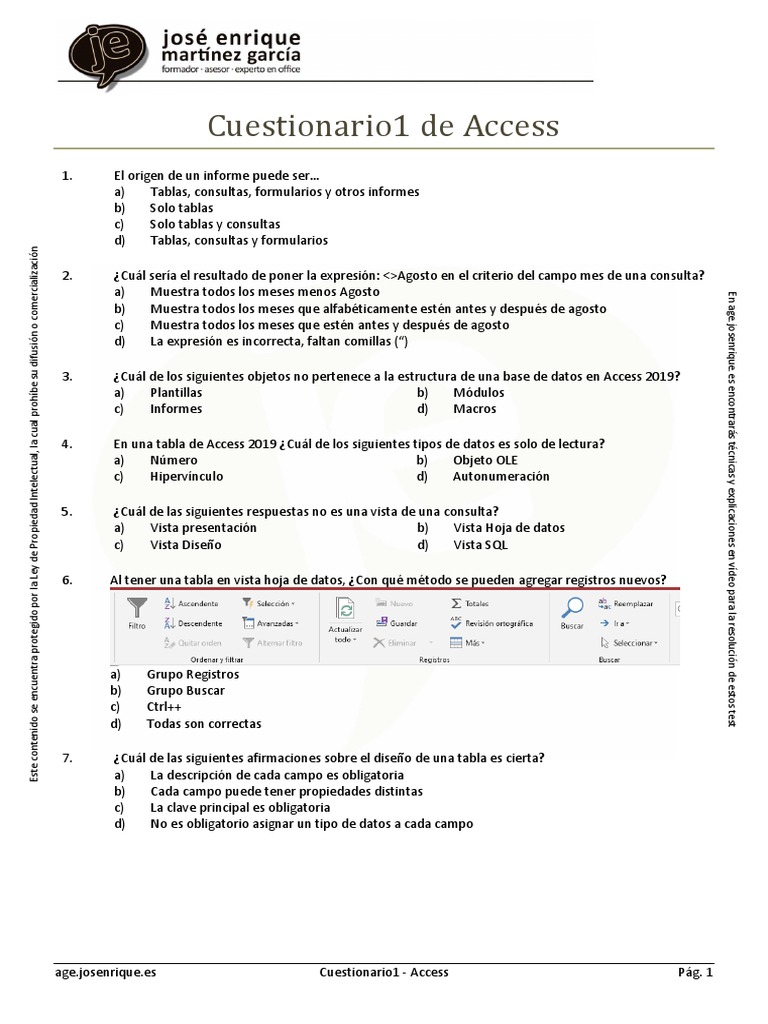 Cuestionario1 de Access 1.9.21 PDF | PDF | Bases de datos | Informática