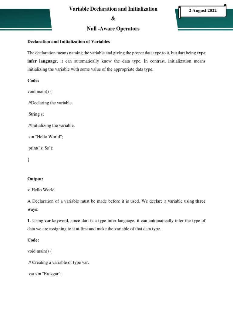 Notes Lecture 9 Variable Declaration and Initialization & Null-Aware ... Notes Lecture 9 Variable Declaration and Initialization & Null-Aware ...