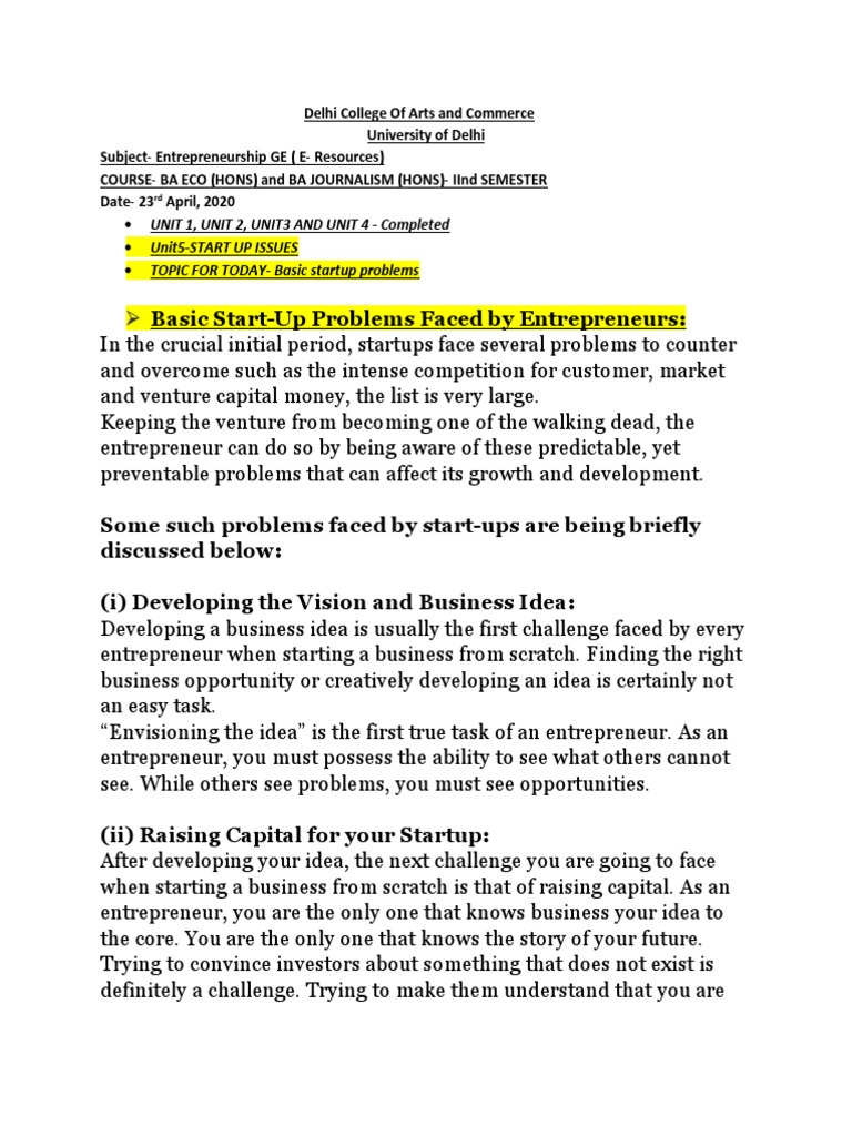 Basic Startup Problems for Entrepreneurs | PDF