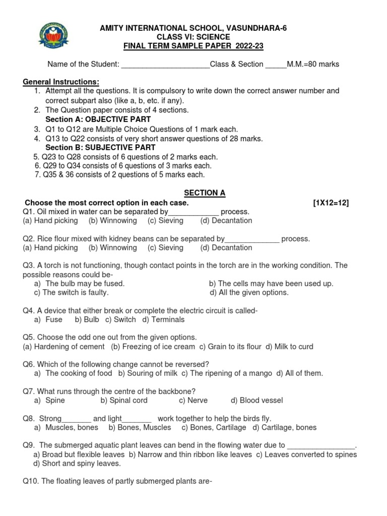 Class VI Science Sample Paper | PDF | Magnet | Vertebral Column