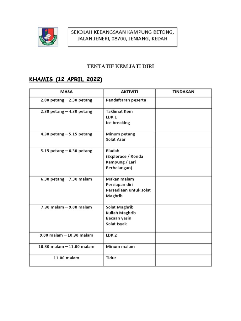 Tentatif Kem Jati Diri | PDF