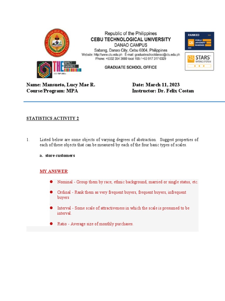 Mansueto, Lucy Mae R. (Statistics Activity #2) | PDF | Level Of Measurement | Mode (Statistics)