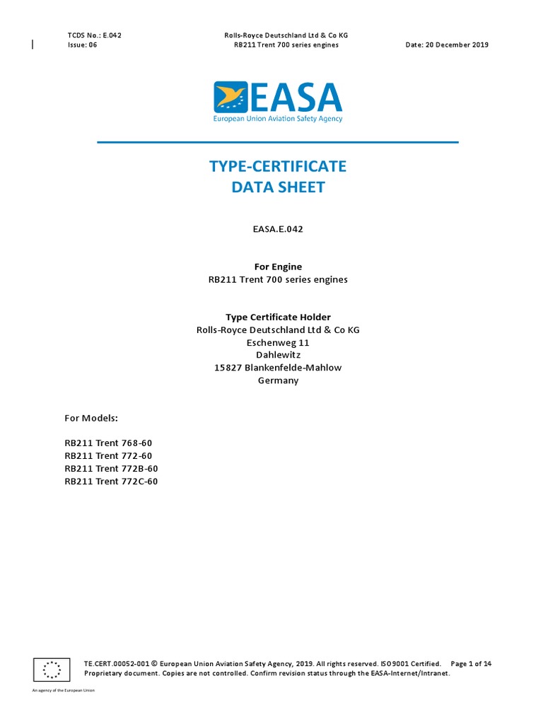 EASA E042 TCDS Issue 06 - Trent 700 PDF | PDF | Propulsion | Internal ...