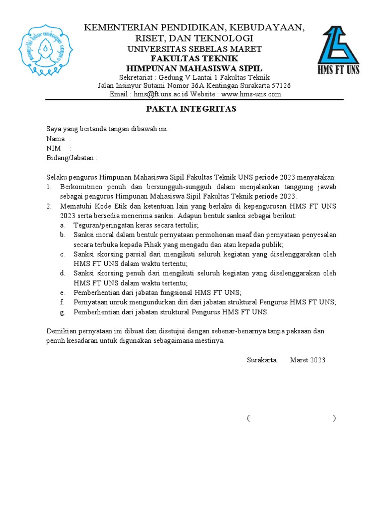 Pakta Integritas HMS UNS | PDF