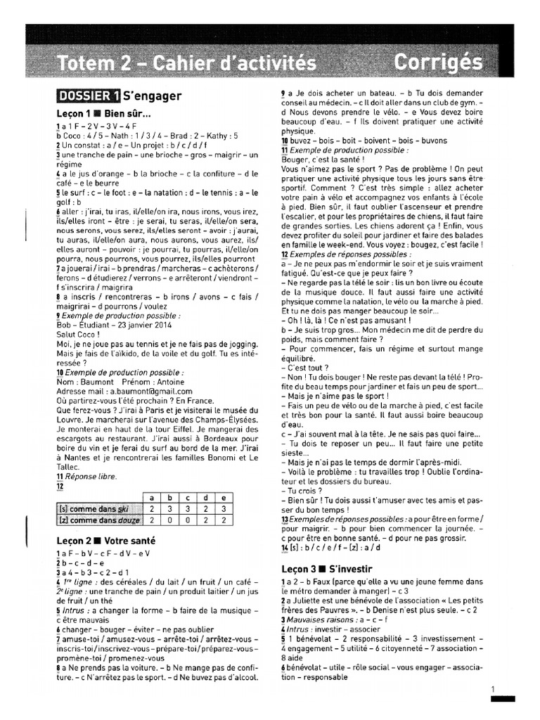 Totem 2 (A2) - Cahier Dactivités (Corrigés) (Hachette) (Lopes, Marie ...