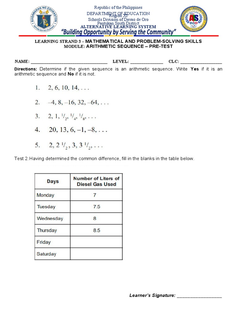 LS3 Arithmetic Sequence Assessment | PDF