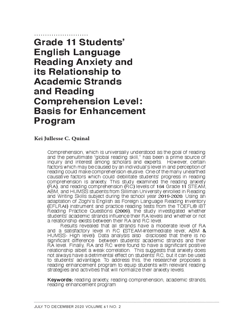 Grade 11 Students English Language Reading Anxiety and Its Relationship ...