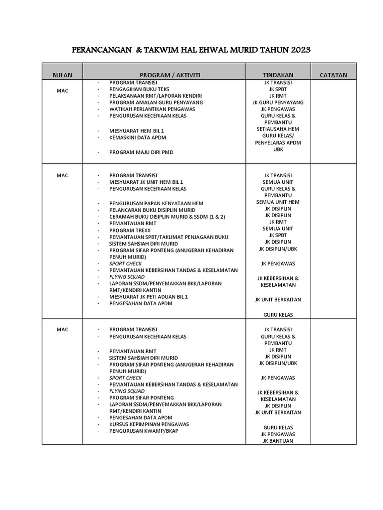 Takwim Hal Ehwal Murid 2023 | PDF