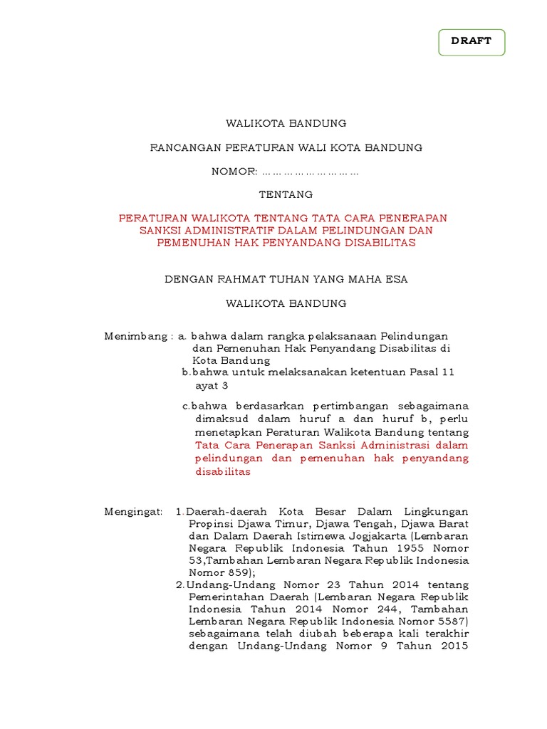 Draft Perwal TTG Tata Cara Penerapan Sanksi Administratif PDF | PDF