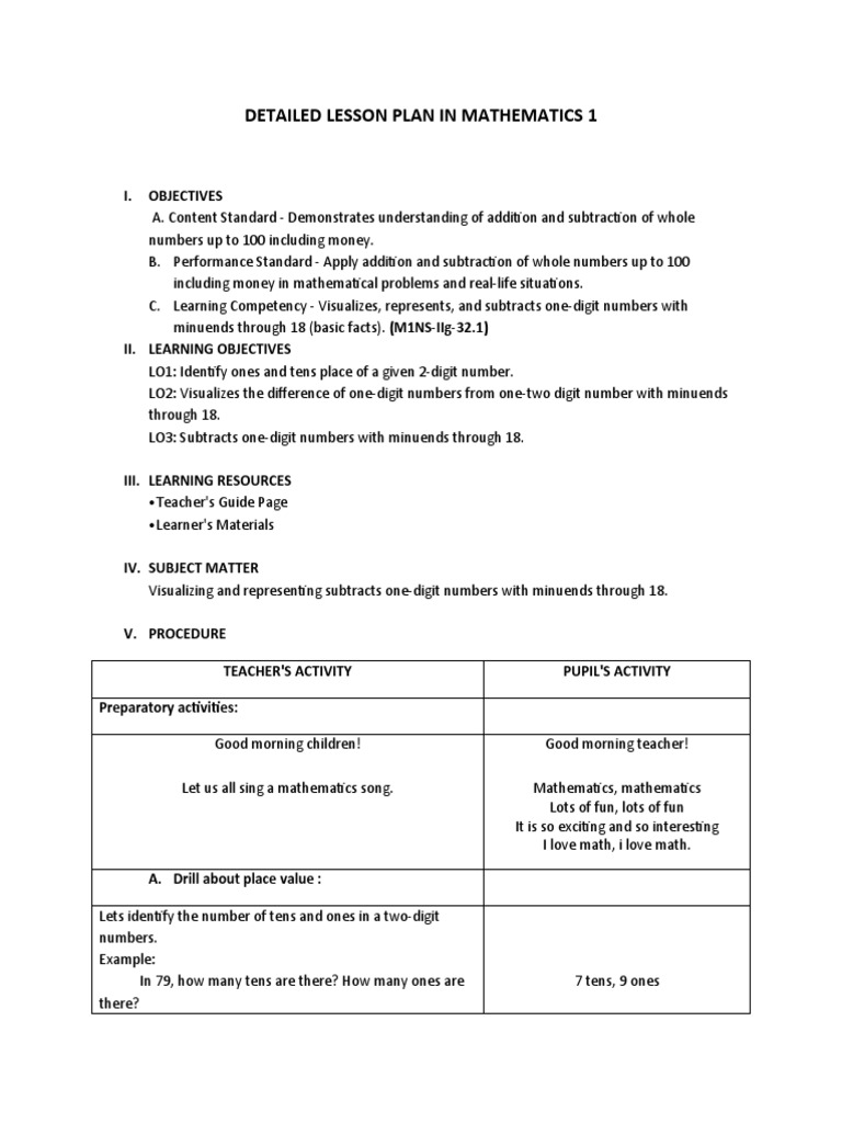 Grade 1 Subtraction Lesson Plan | PDF | Subtraction | Arithmetic