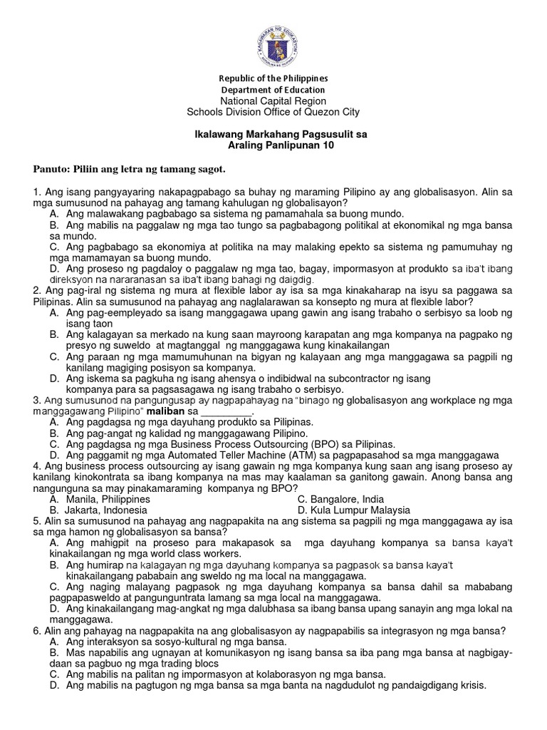 Panuto: Piliin Ang Letra NG Tamang Sagot.: Ikalawang Markahang Pagsusulit Sa Araling Panlipunan ...