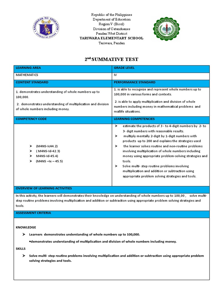 2nd SUMMATIVE TEST MATH G4 | PDF