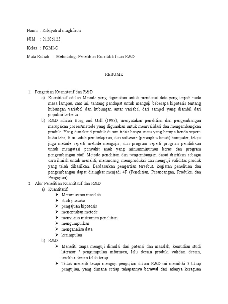 Resume Metodologi Kuantitatif Dan RND | PDF