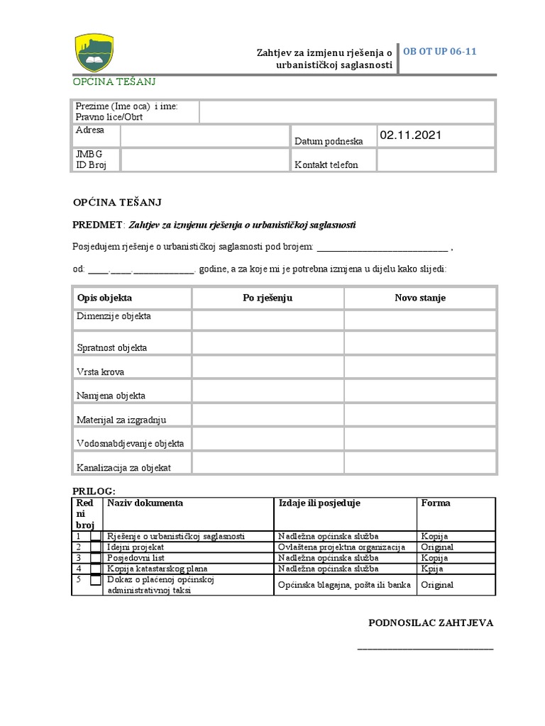 OB OT UP 06-11 Zahtjev Za Izmjenu Rjesenja o Urbanistickoj Saglasnosti | PDF