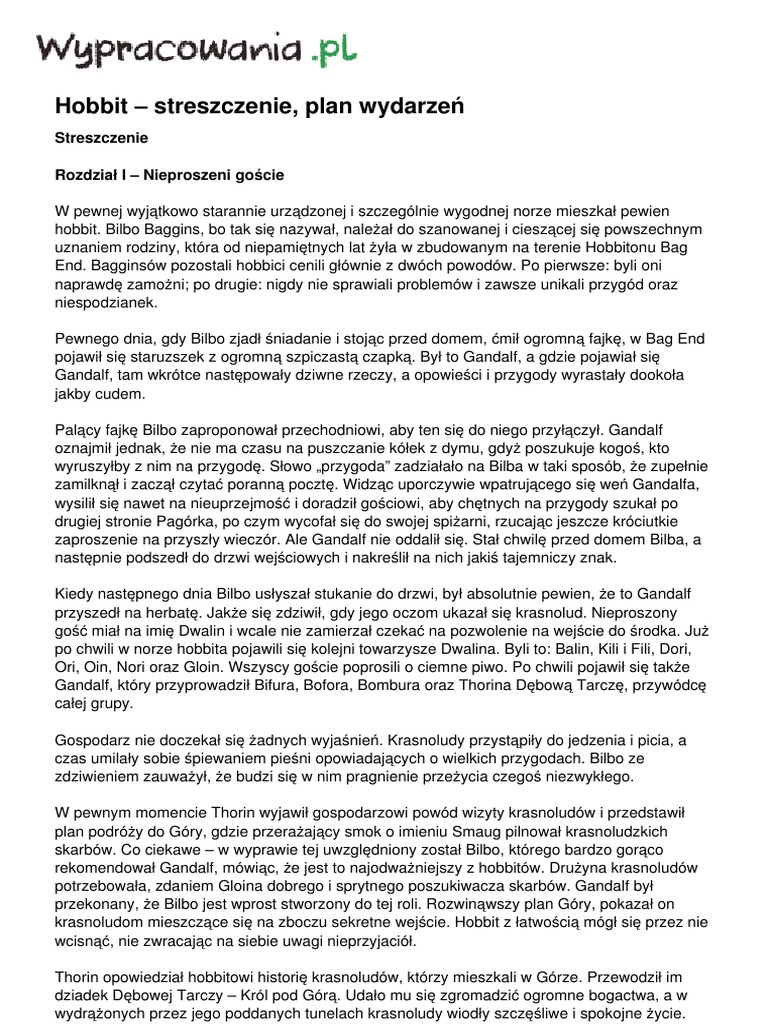 Hobbit Streszczenie Plan Wydarzen | PDF