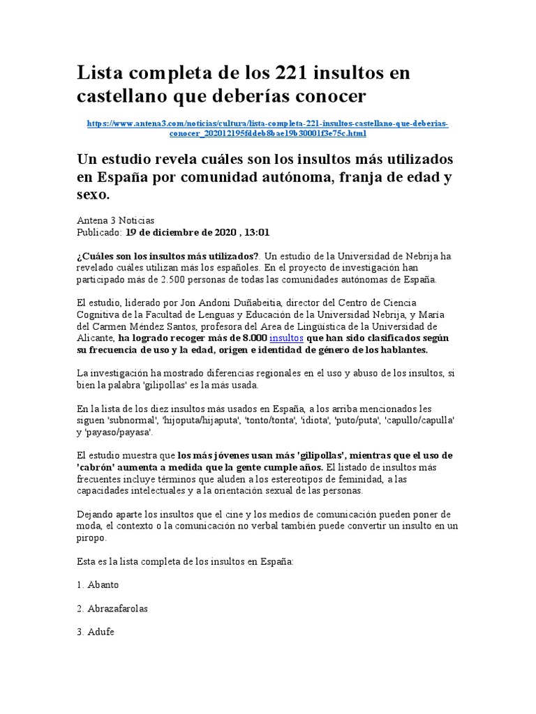 Lista Completa de 221 Insultos en Castellano | PDF | Comunicación ...