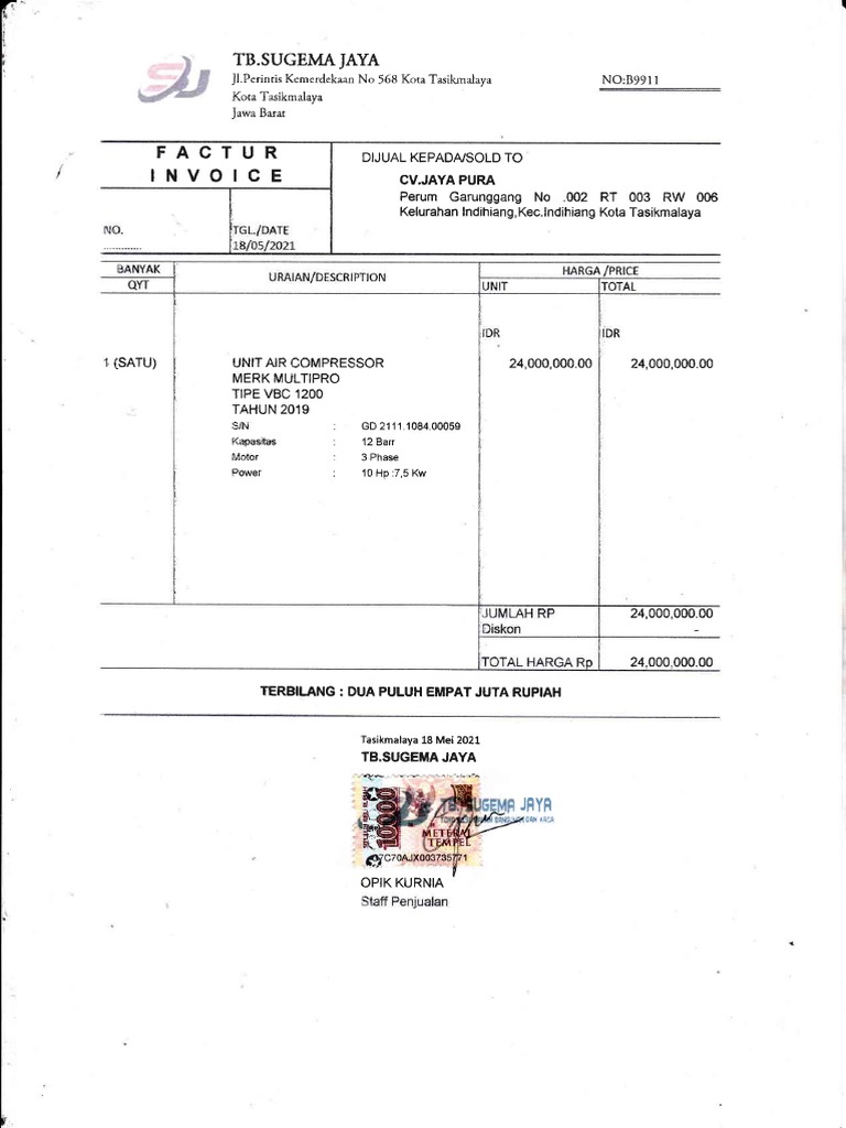 Bukti Invoice Air Compressor | PDF