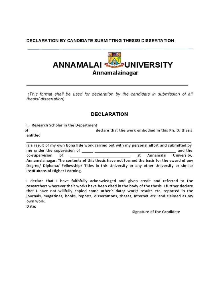 Declaration by Candidate Submitting Thesis | PDF