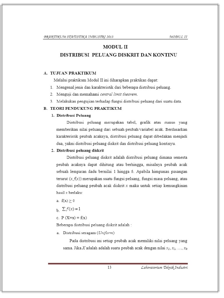 MODUL II DISTRIBUSI PELUANG DISKRIT DAN KONTINU - PDF | PDF