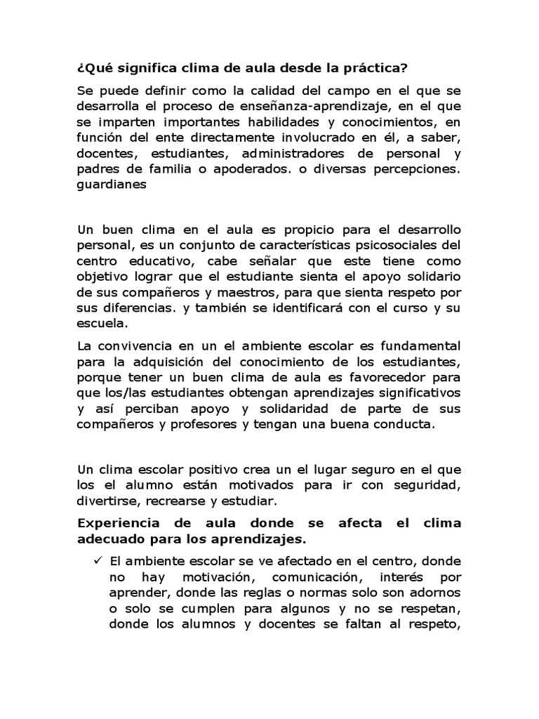 Qué Significa Clima de Aula Desde La Práctica | PDF | Salón de clases ...