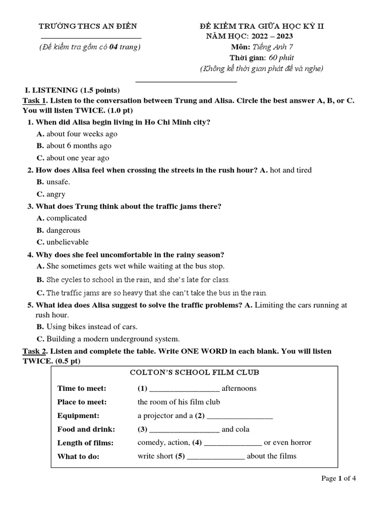 ĐỀ KTRA GIUA KI 2 ANH 7 | PDF