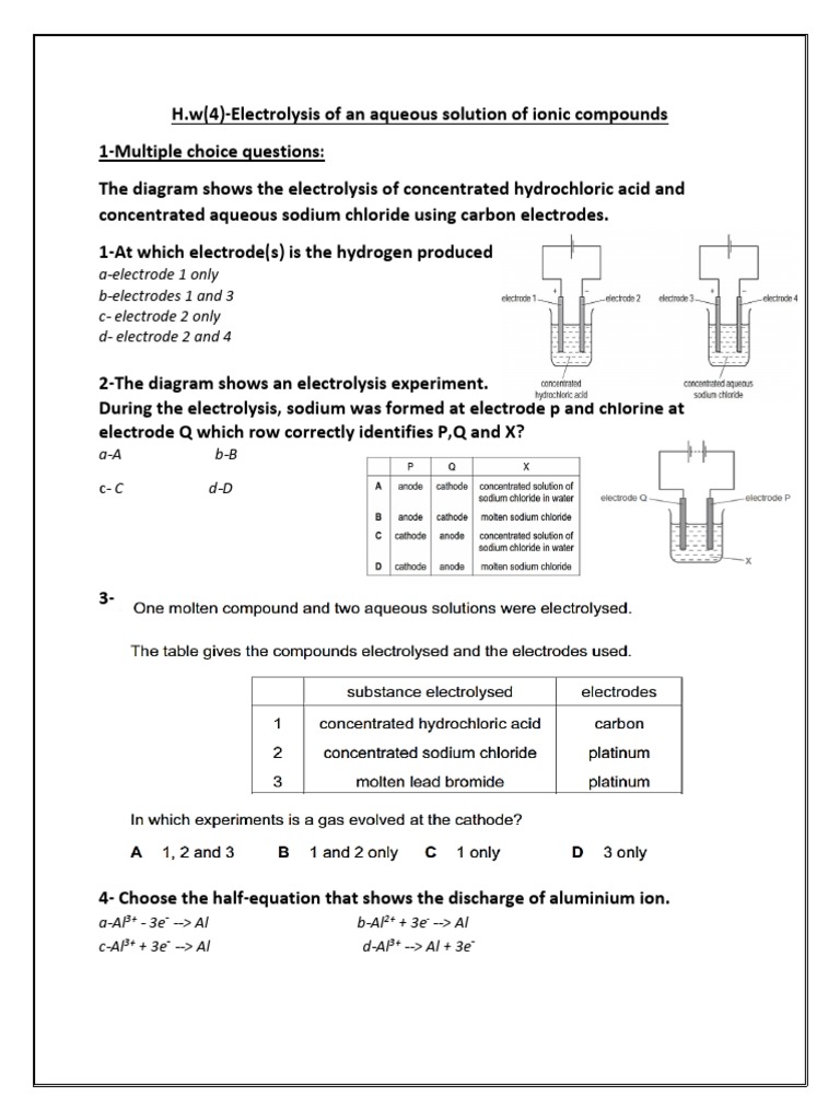 H.W (4) - Electrolysis of Aqueous Solution of Ionic Compounds-G9 PDF ...