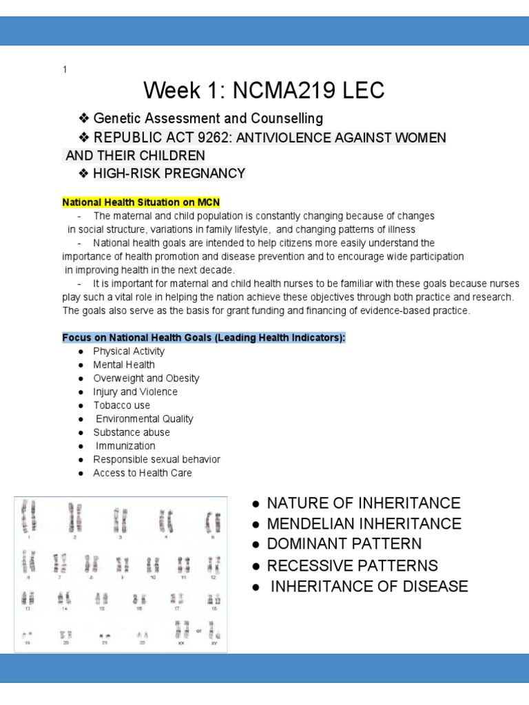 Week 1 - NCMA 219 Lec | Download Free PDF | Miscarriage | Genetic Disorder Week 1 - NCMA 219 Lec | Download Free PDF | Miscarriage | Genetic Disorder