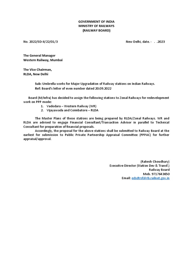 Draft Letter To Zonal Railway - PPP | PDF