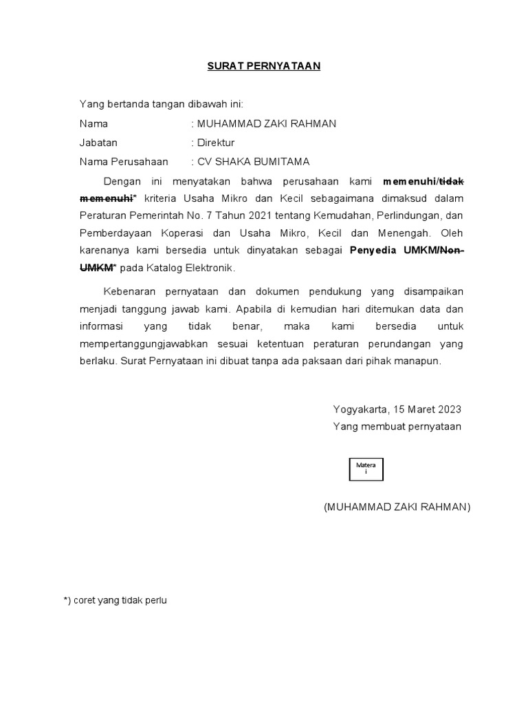Surat Pernyataan Ukm SBT | PDF