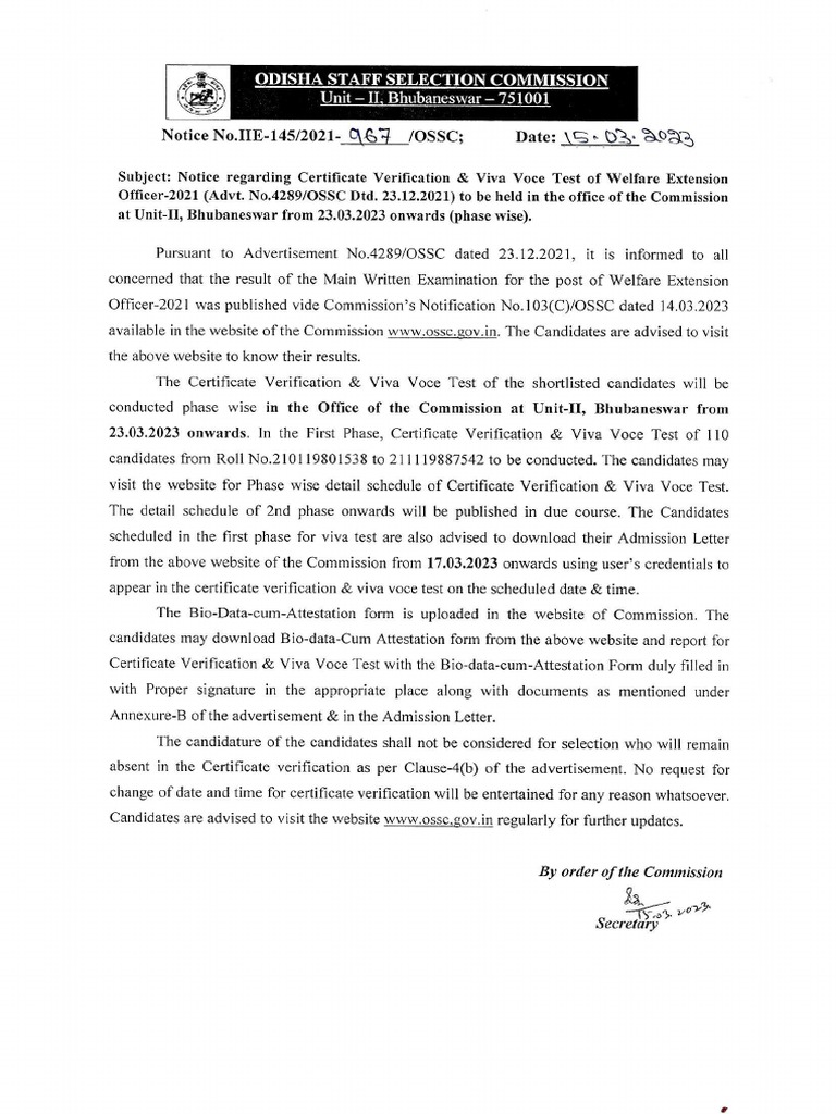 Notice of Certificate Verification and Viva Voce Test of WEO-2021 ...