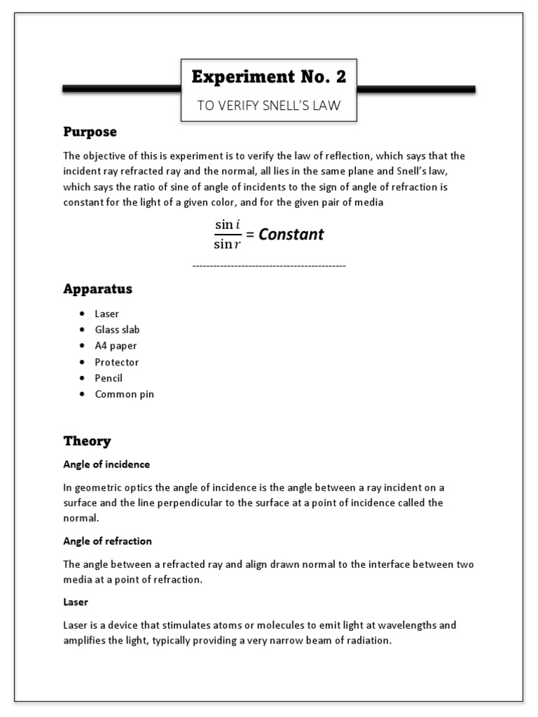 Snell's Law Verification Experiment | PDF | Refraction | Light