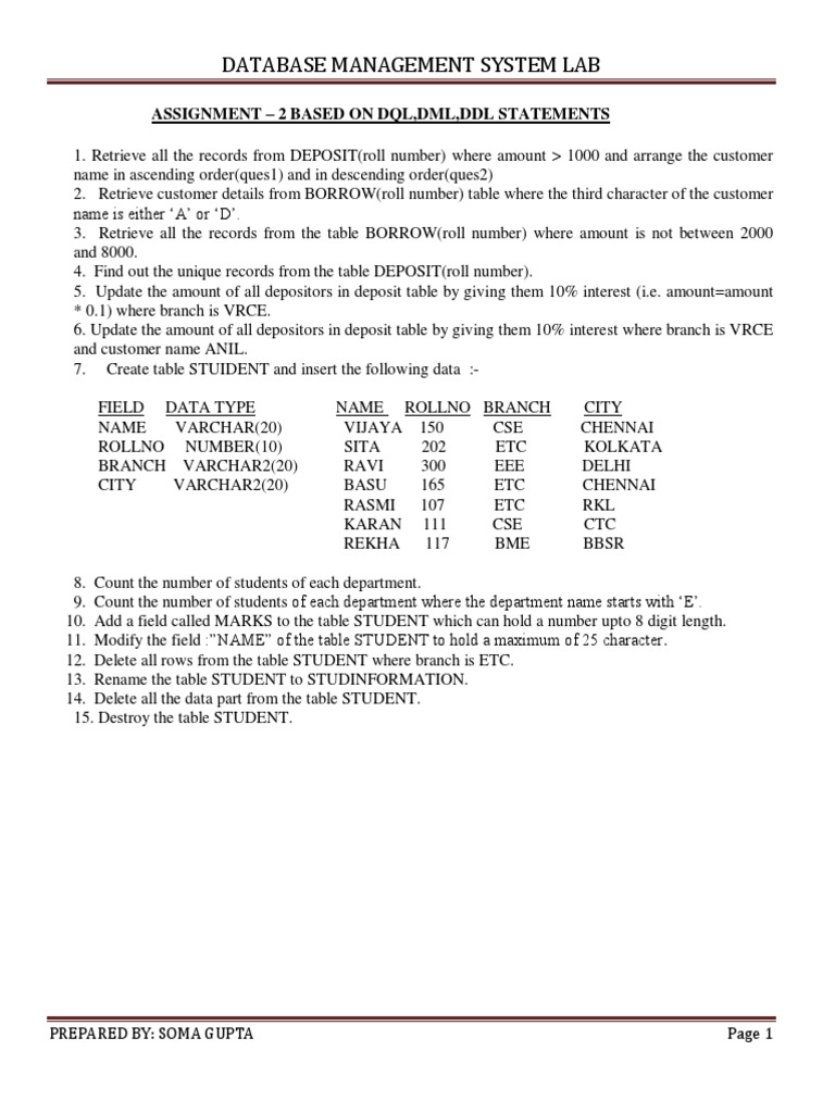 Database Management System Lab Assignment On Dql Dml And Ddl Statements Pdf