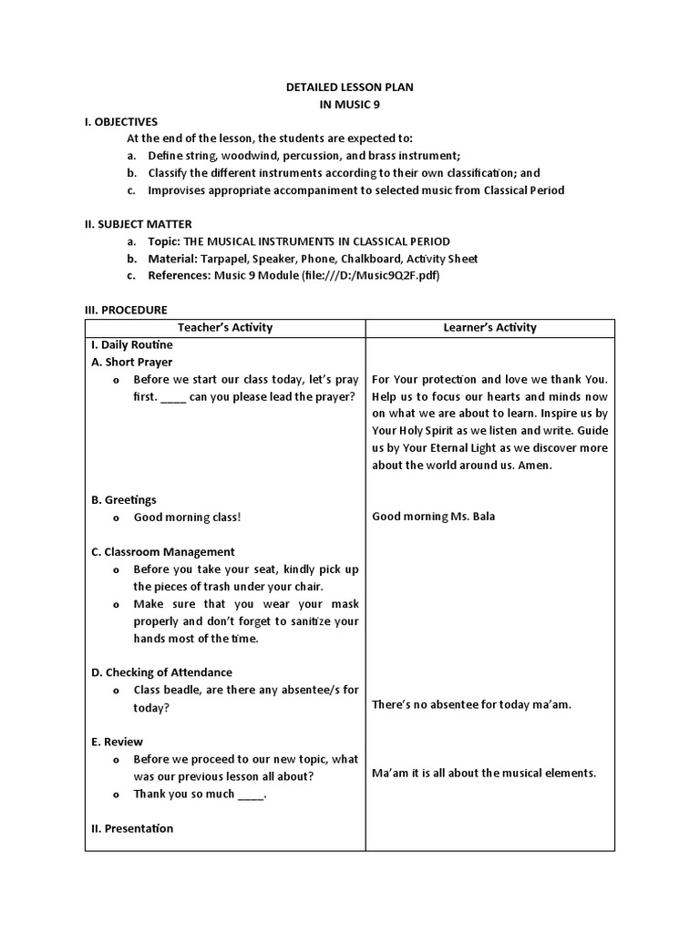 Detailed Lesson Plan | PDF | Musical Instruments | String Instruments