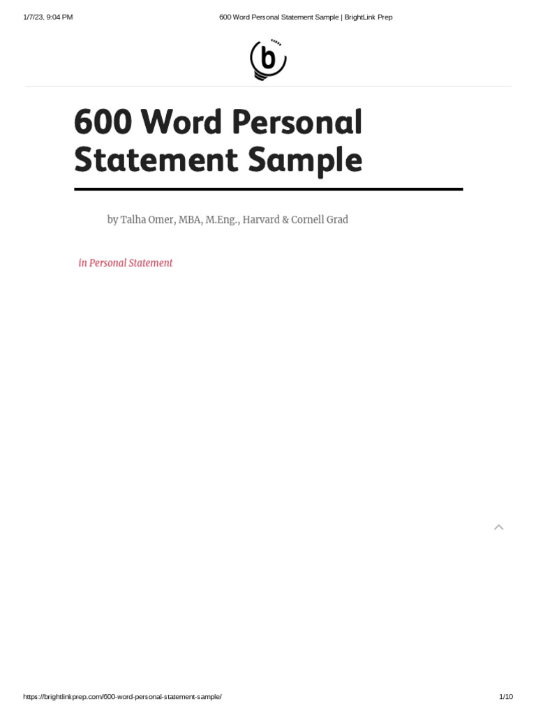 600 Word Personal Statement Sample - BrightLink Prep | PDF