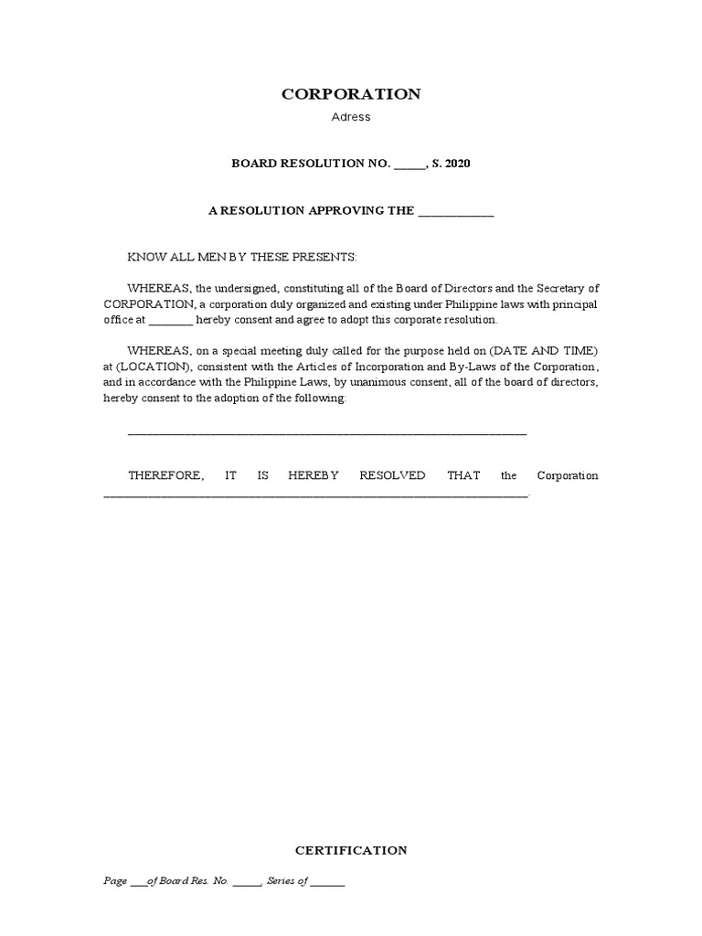 Corporate Board Resolution Template | PDF | Board Of Directors | Legal ...