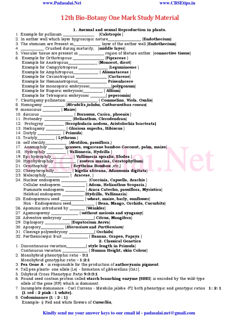 12th Bio-Botany One Mark Questions PDF | PDF | Dominance (Genetics ...