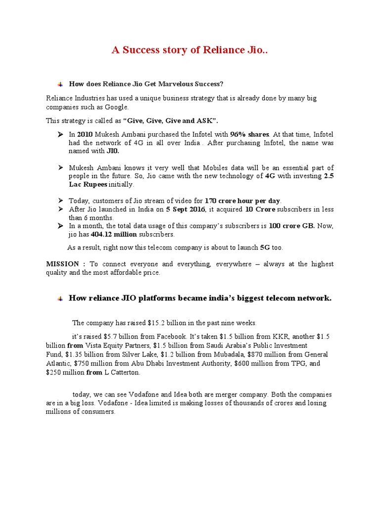 A Success Story of Reliance Jio. | PDF | Business | Computers