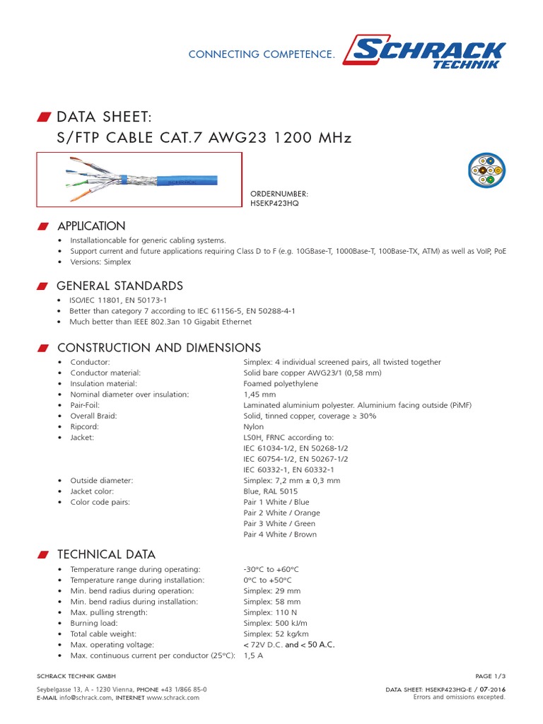 S FTP CABLE CAT.7 AWG23 1200 MHZ - Datasheet Schrack | PDF | Decibel | Telecommunications