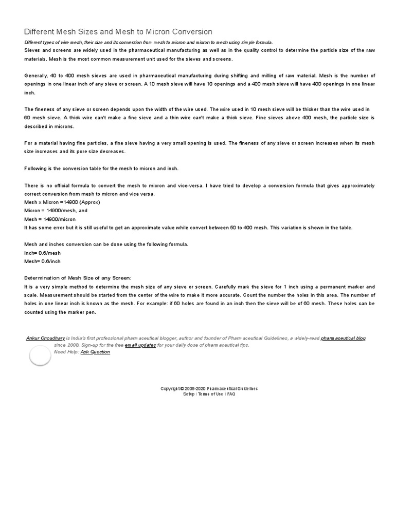 Different Mesh Sizes and Mesh To Micron Conversion - Pharmaceutical ...