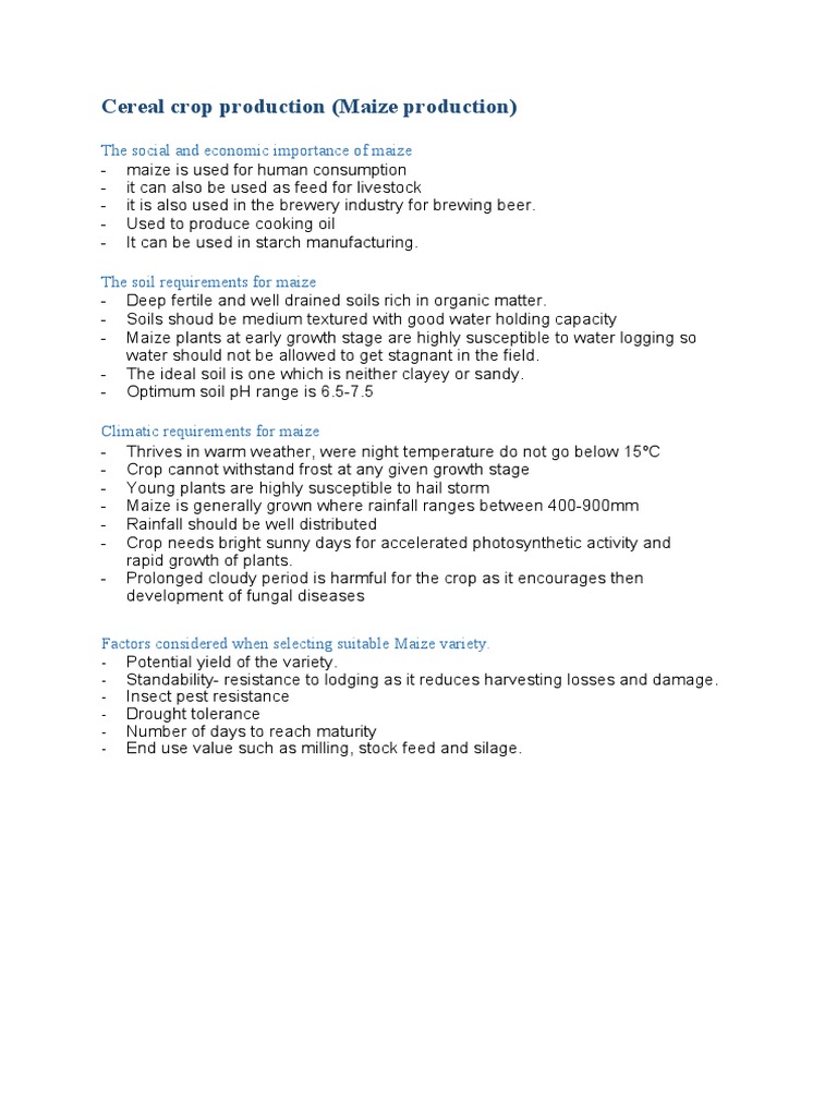 Cereal Crop Production Maize Notes | PDF | Maize | Soil