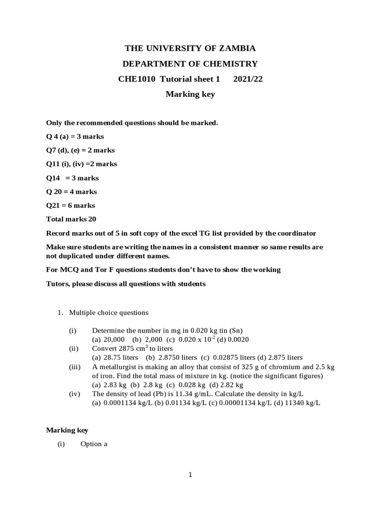 Tutorial Sheet 1 - Key | PDF | Mole (Unit) | Carbon Monoxide