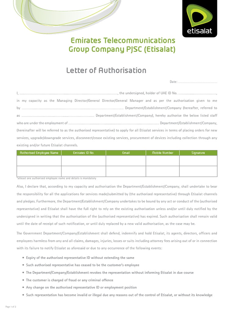 Etisalat Authorization Letter Template | PDF | Justice | Crime & Violence