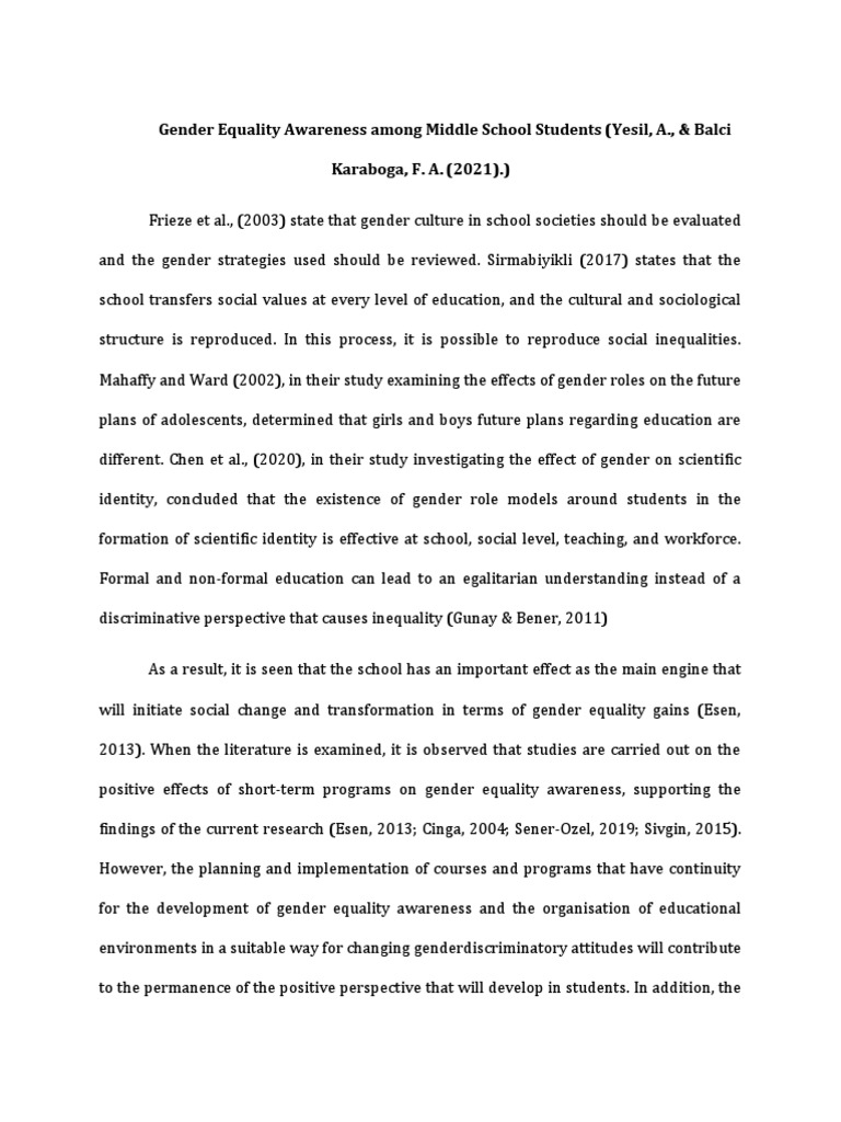 Gender Equality Awareness Among Middle School Students | PDF | Gender ...