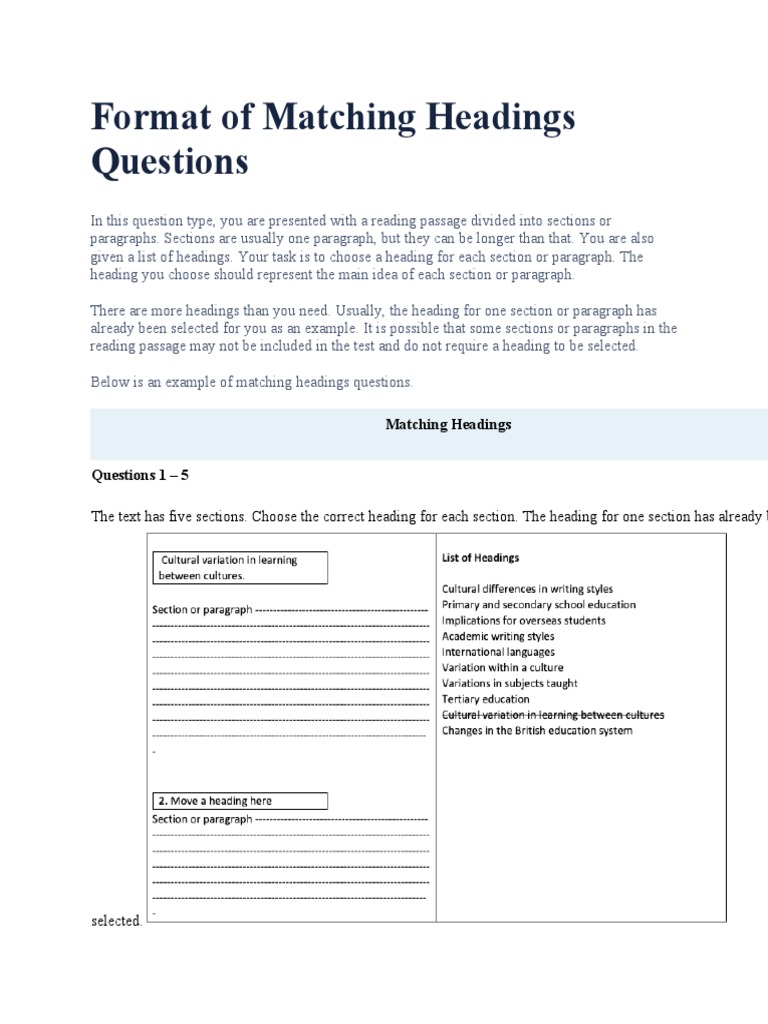 Format of Matching Headings Questions 3 | PDF | Question ...