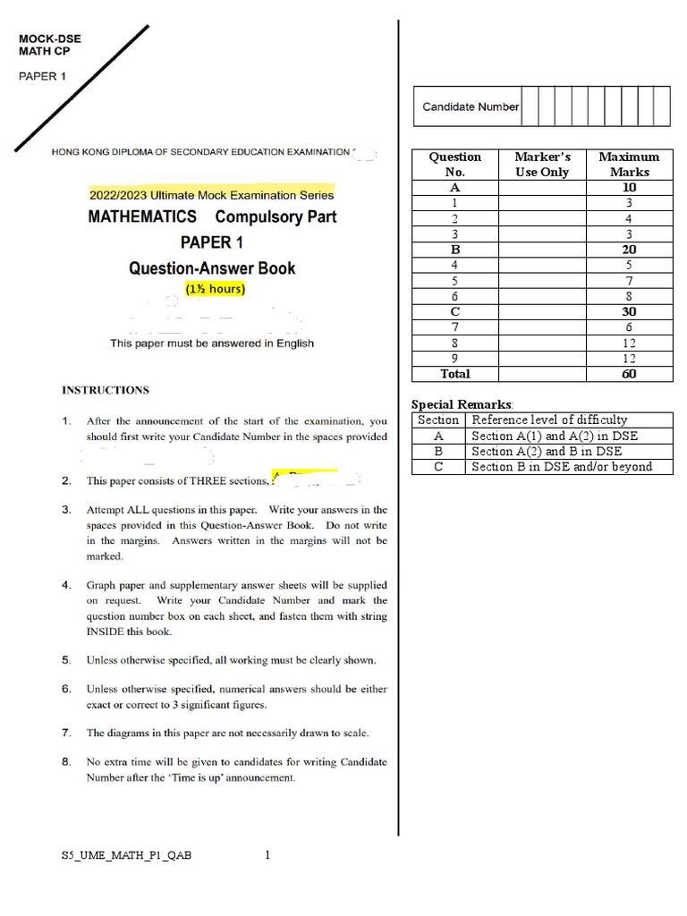 Analysis of a Mock Examination Paper for S5 Mathematics (Compulsory ...