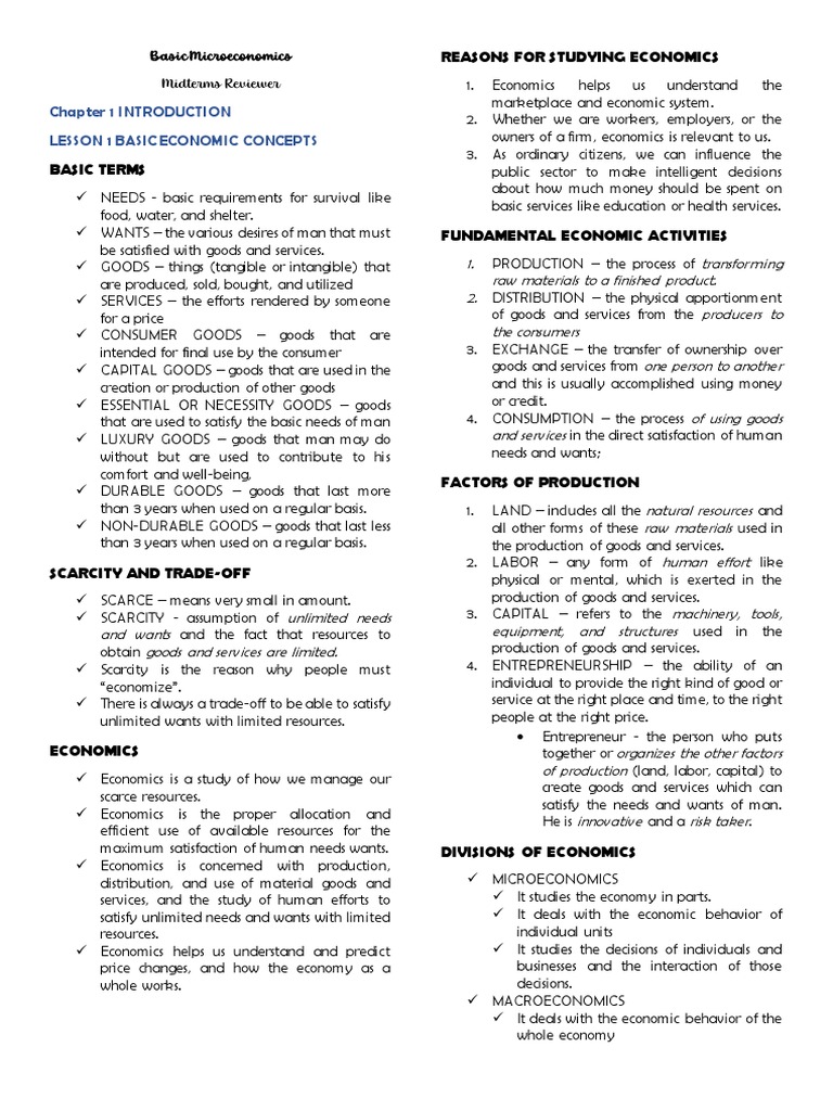 Basic Microeconomics Midterms Guide | PDF | Goods | Market (Economics)