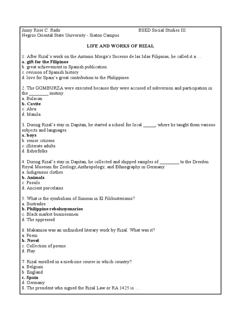 An Analysis of Multiple Choice Questions Regarding Jose Rizal's Life ...