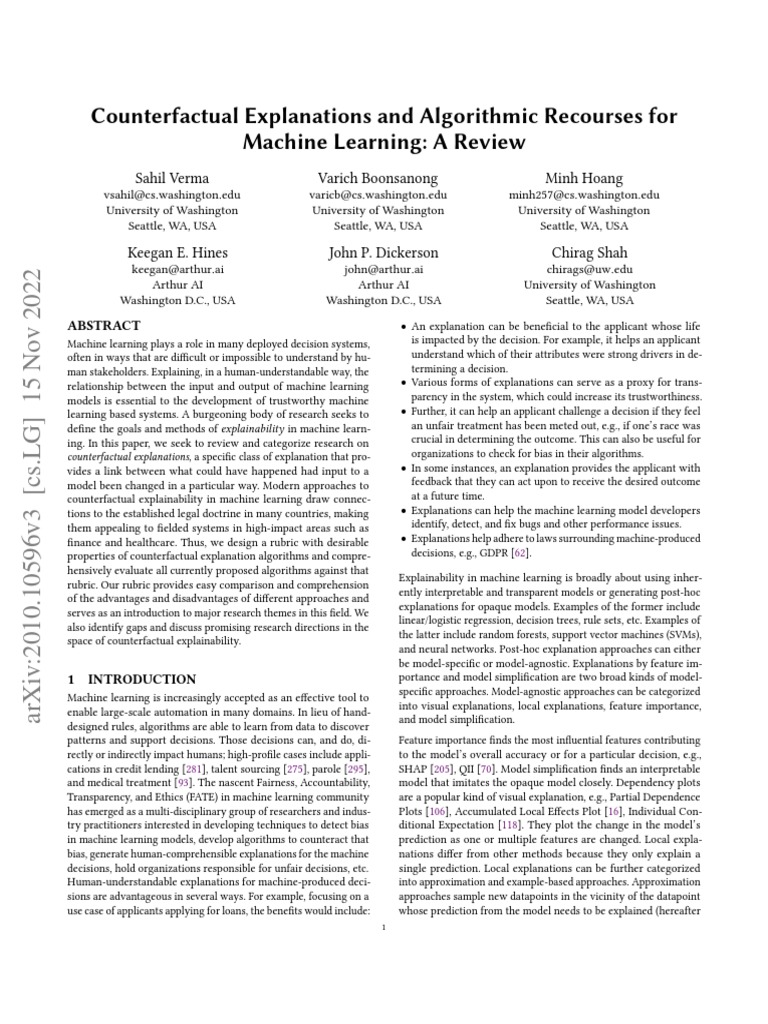 Counterfactual Explanations and Algorithmic Recourses For Machine Learning: A Review | PDF ...