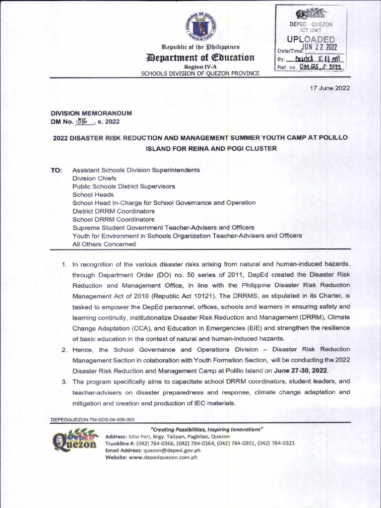 DM 515 S. 2022 DRRM Summer Youth Camp | PDF