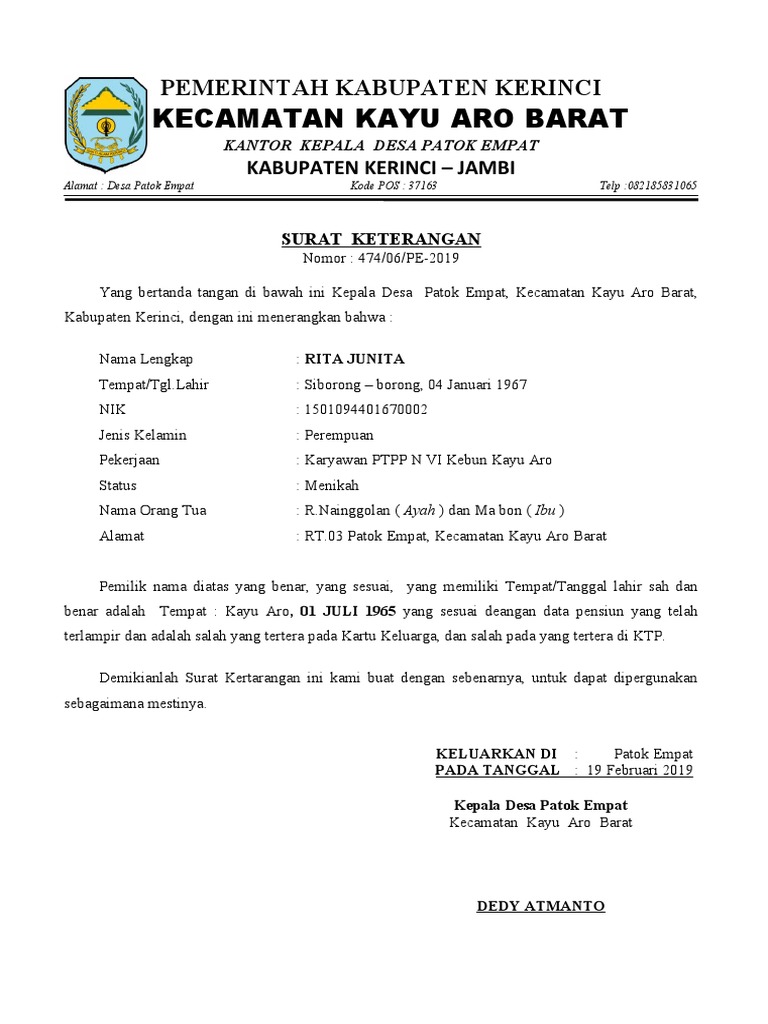 Surat Keterangan Beda Tanggal Lahir | PDF